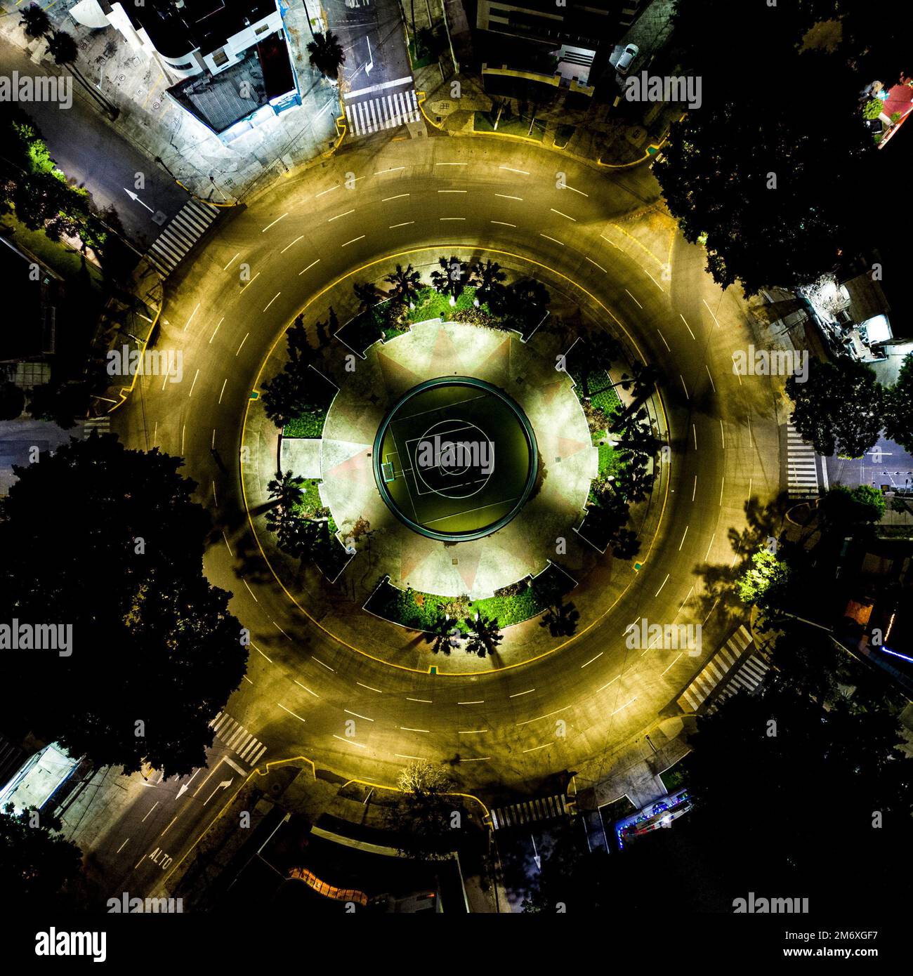 An aerial view of the Guadalajara city roundabout in Mexico at night ...