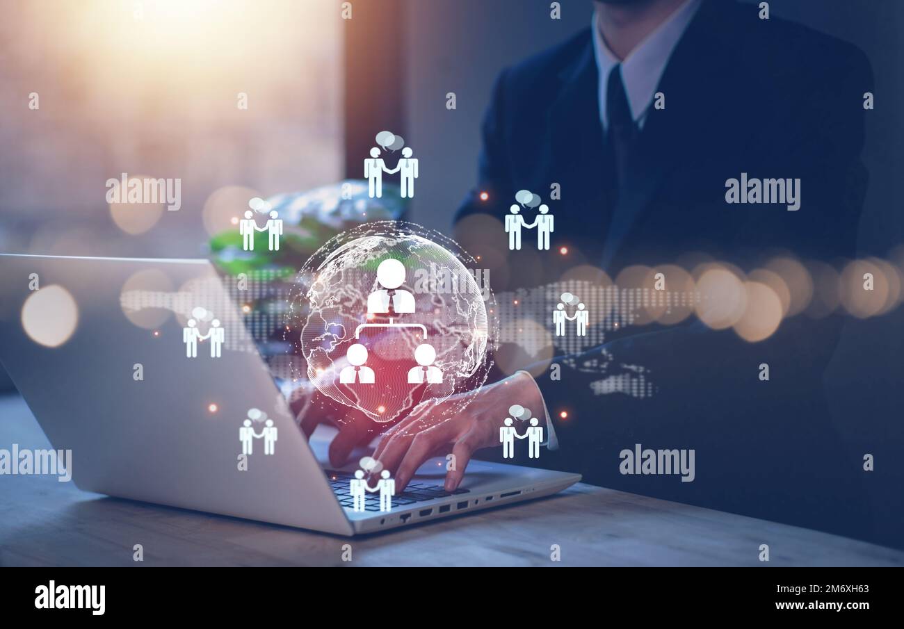 Customer Relationship Management Crm Businessman Use Notebook Laptop With Global Structure