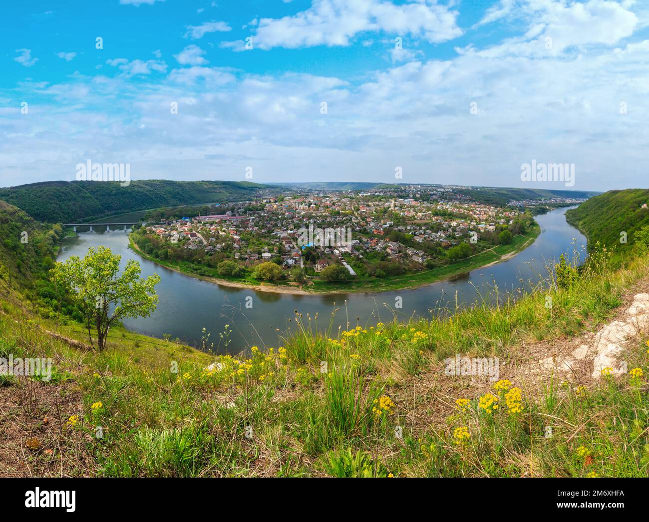 Top picturesque view of the spring Dnister river bend canyon and famous ...