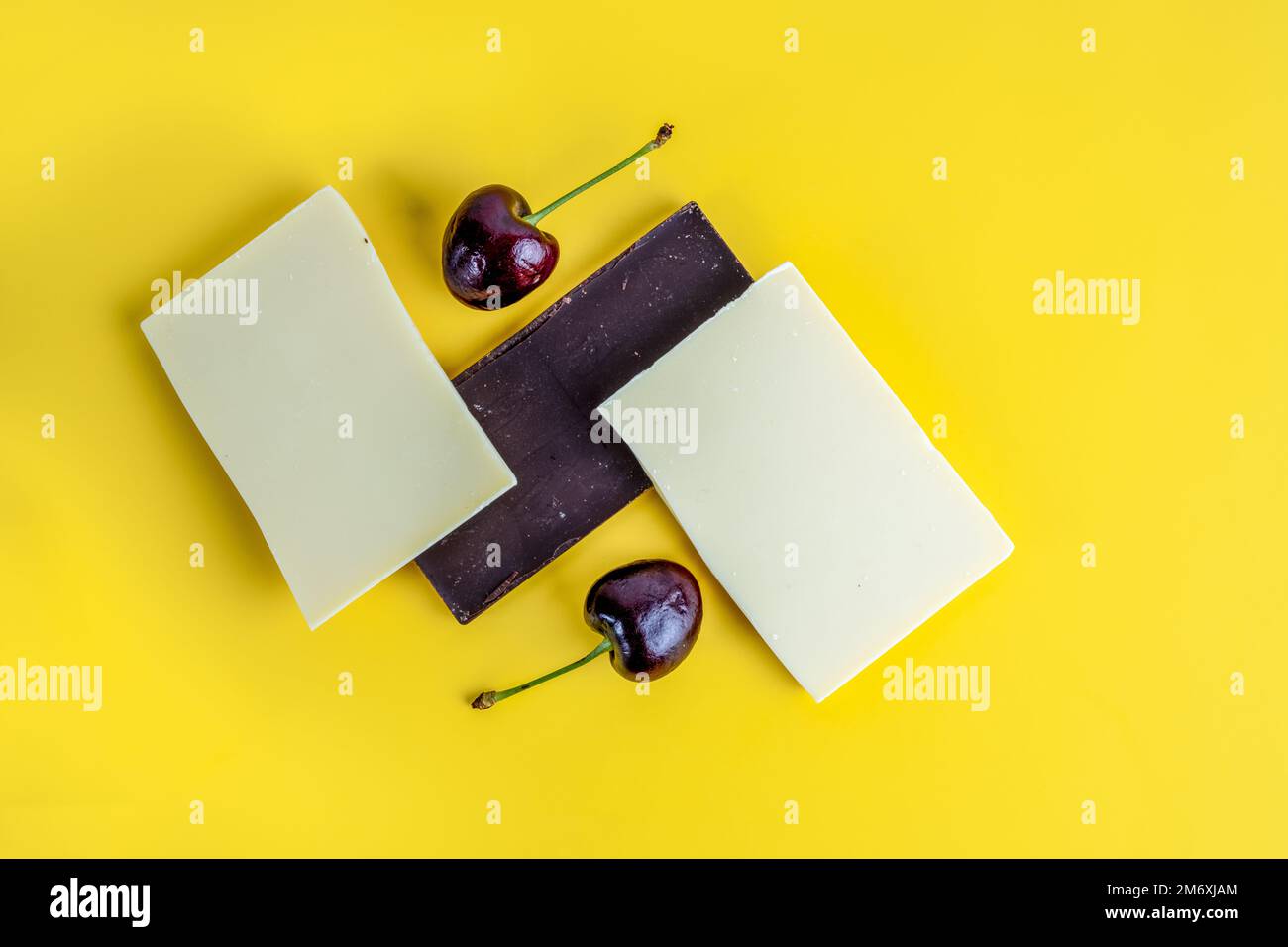 English Morello Cherries with white and dark cocoa chocolate isolated ...