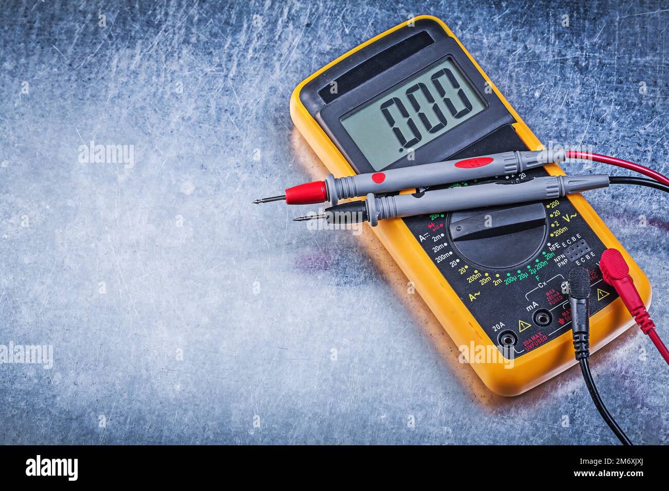 Digital electrical tester wires current probe on metallic background ...