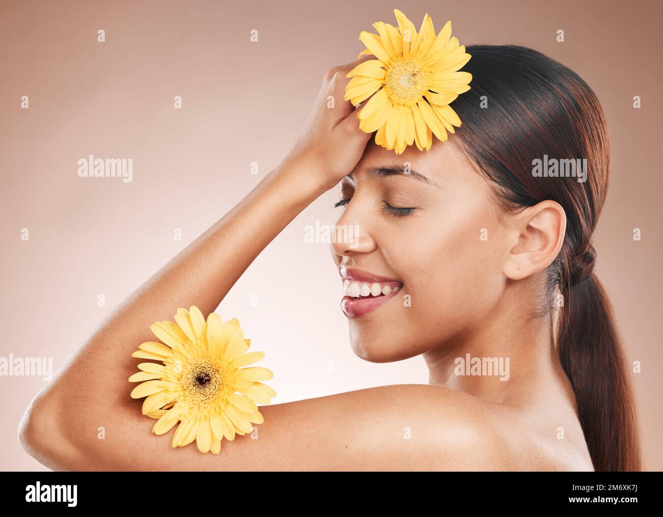 Beauty, flowers and woman with face and skincare, healthy skin with ...