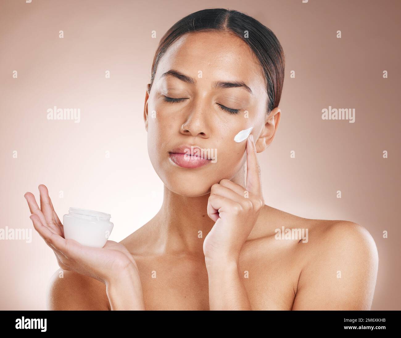 Cream, skincare and woman with a dermatology product for beauty glow ...