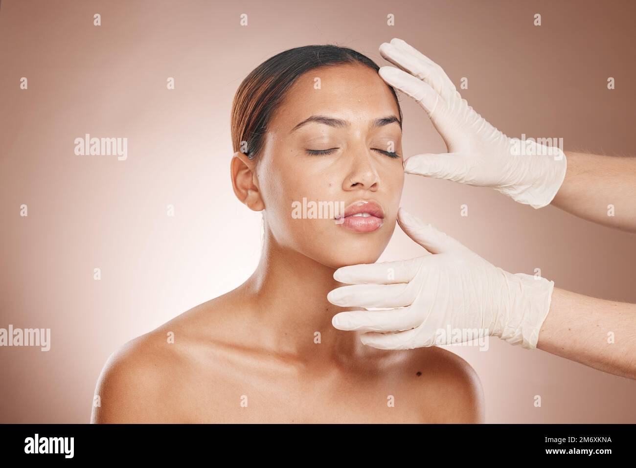 Plastic surgery, woman and doctor hands check face for botox, beauty implant and makeup ...