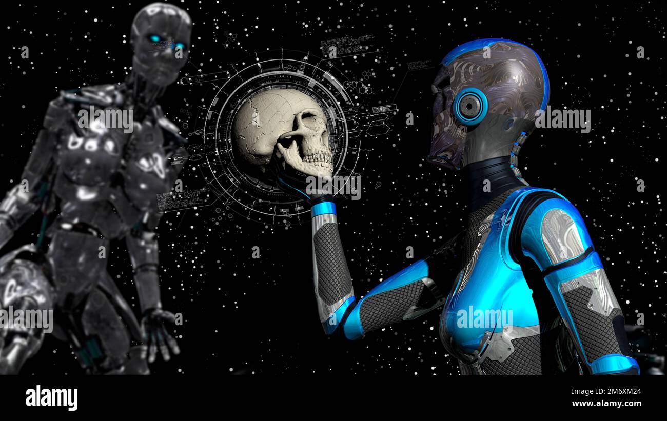 Futuristic female cyborg holding a human skull with another cyborg at ...