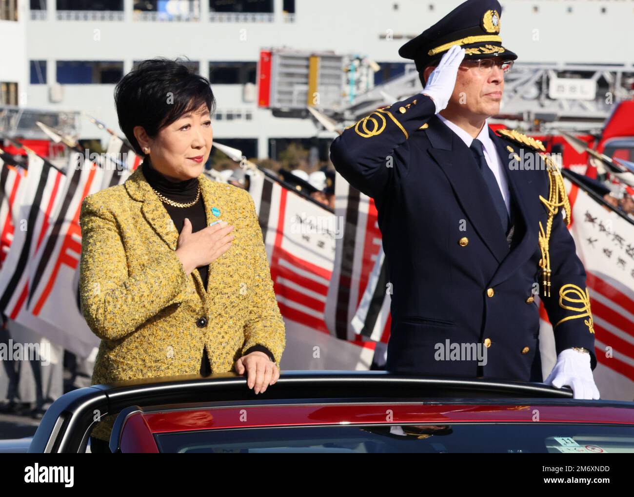 Tokyo, Japan. 6th Jan, 2023. Tokyo Governor Yuriko Koike (L) and Fire ...