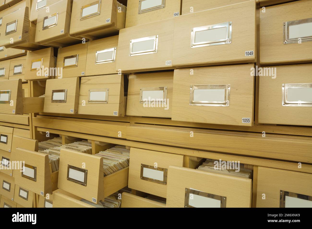 library wooden card catalog closeup view Stock Photo - Alamy