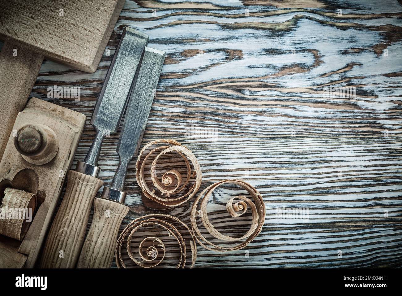 Lump hammer flat chisels shaving plane curled planning chips Stock ...