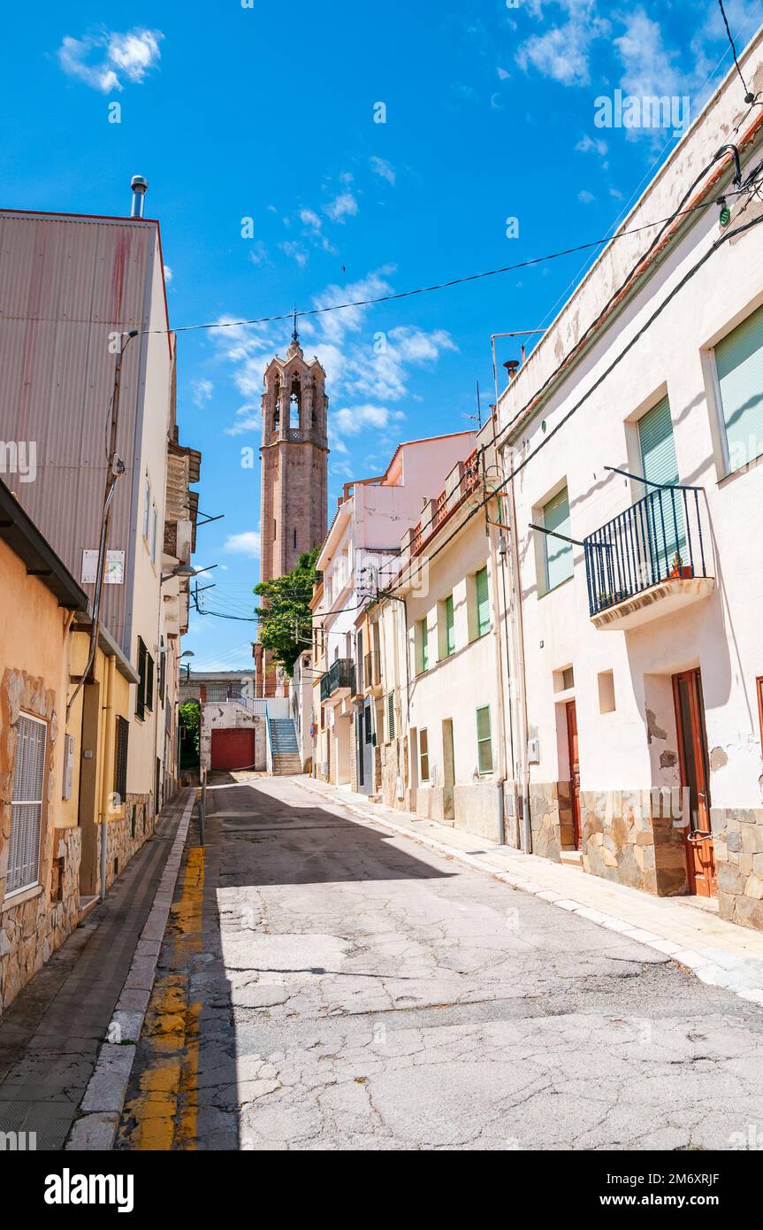 esglesia street, with Santa Maria church on the background, Portbou ...