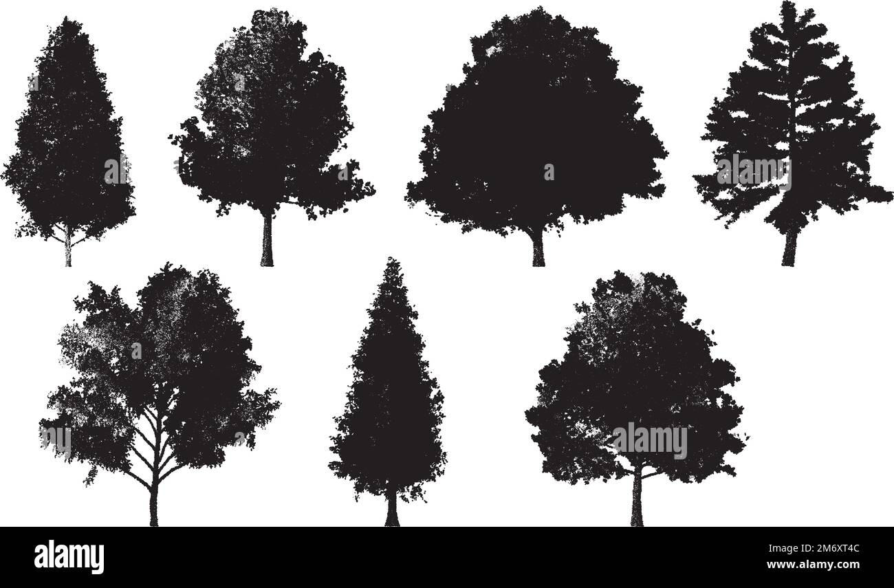 Set of tree silhouettes in dotwork style. For the forest or park ...