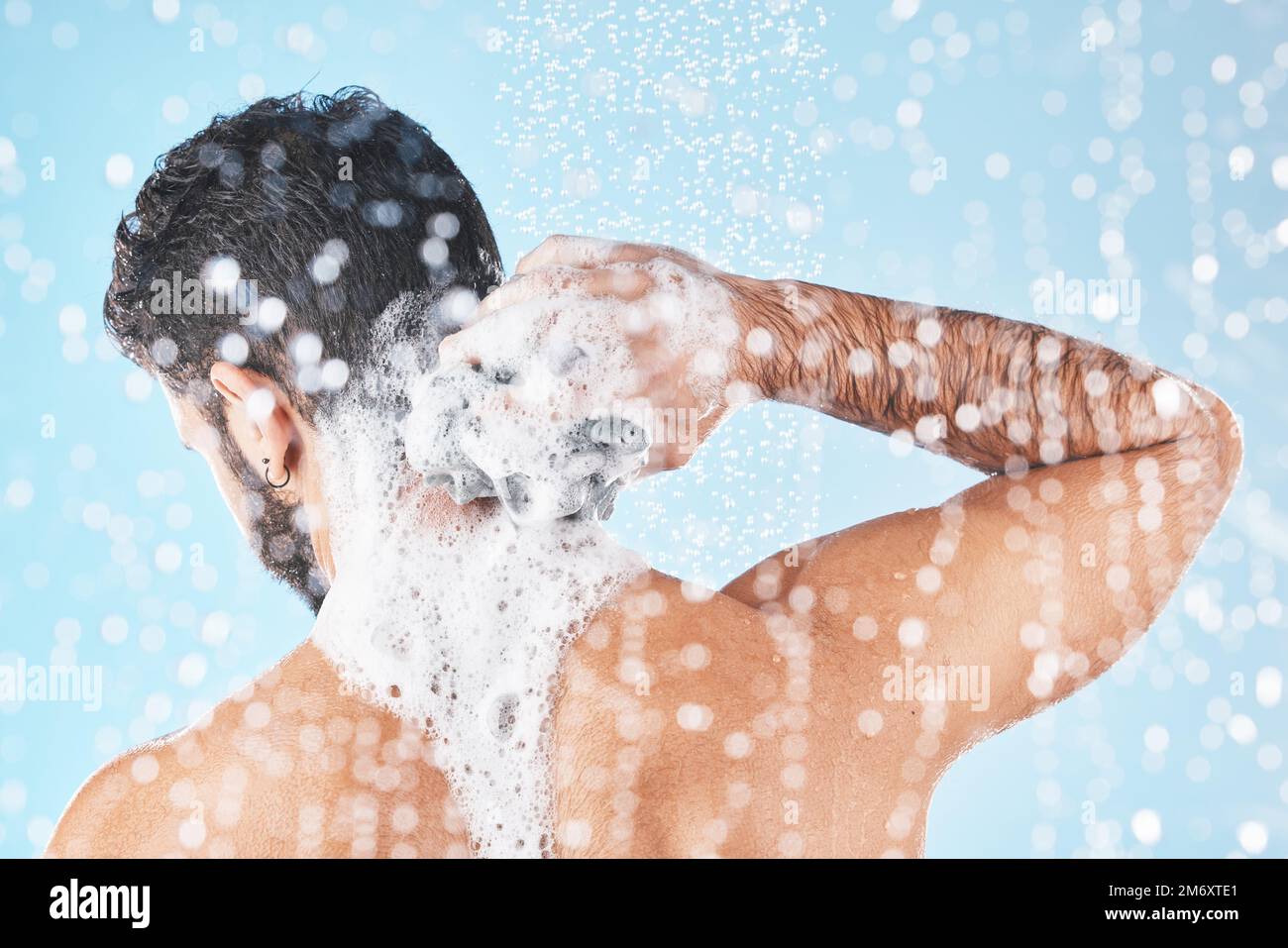 Shower, water and man with soap for cleaning, washing and hygiene on ...
