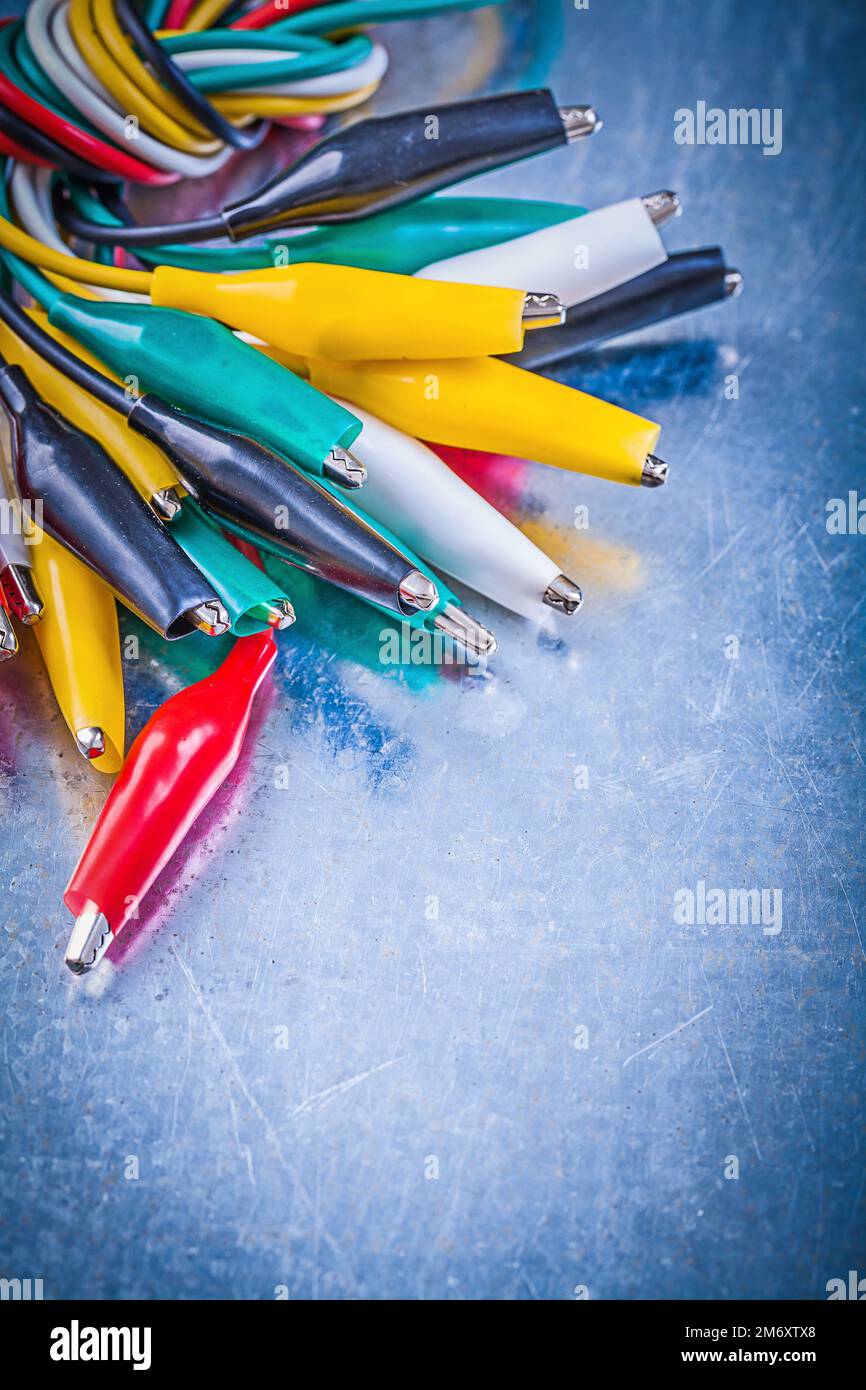 Composition of multicolored crocodile clip cables electricity concept ...