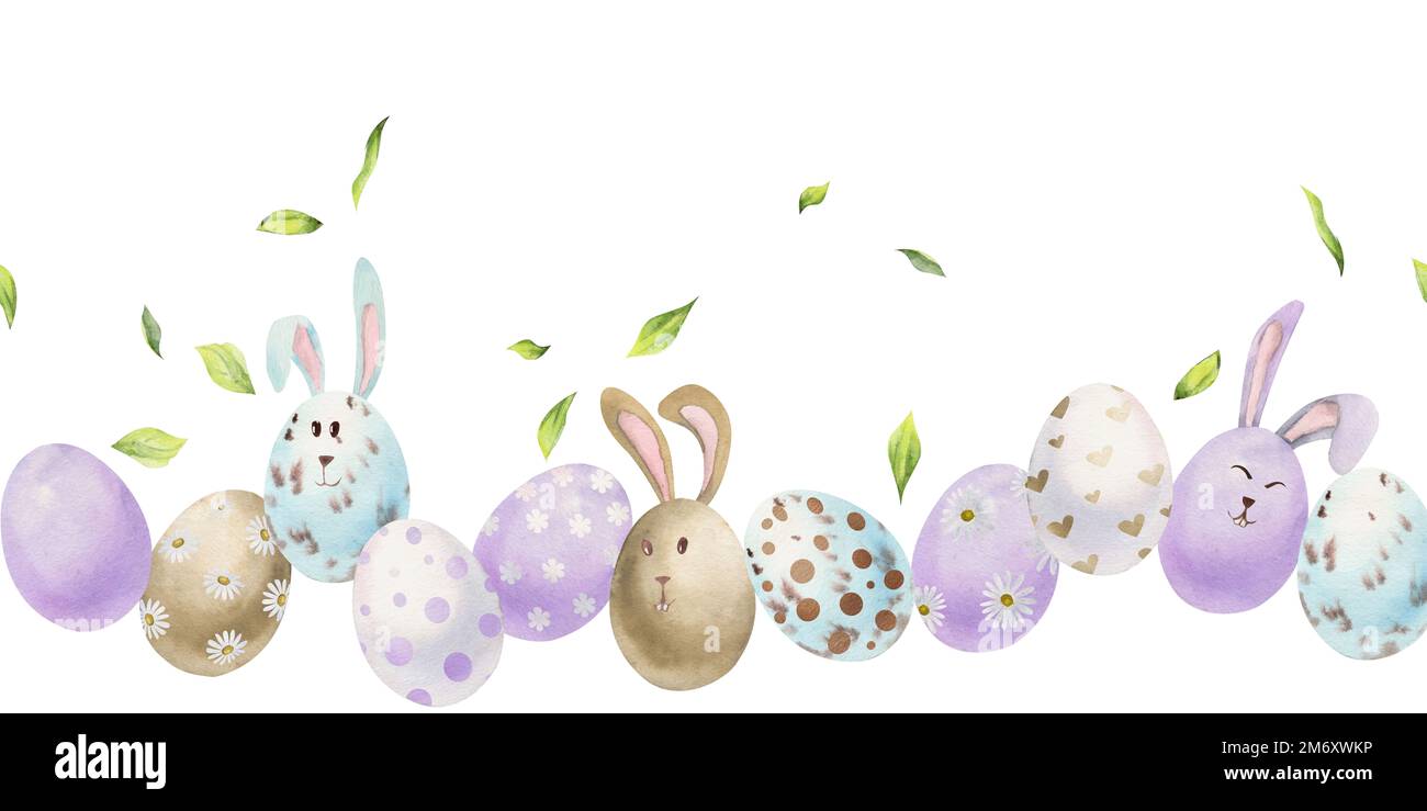 Watercolor hand drawn Easter celebration clipart. Seamless border with ...