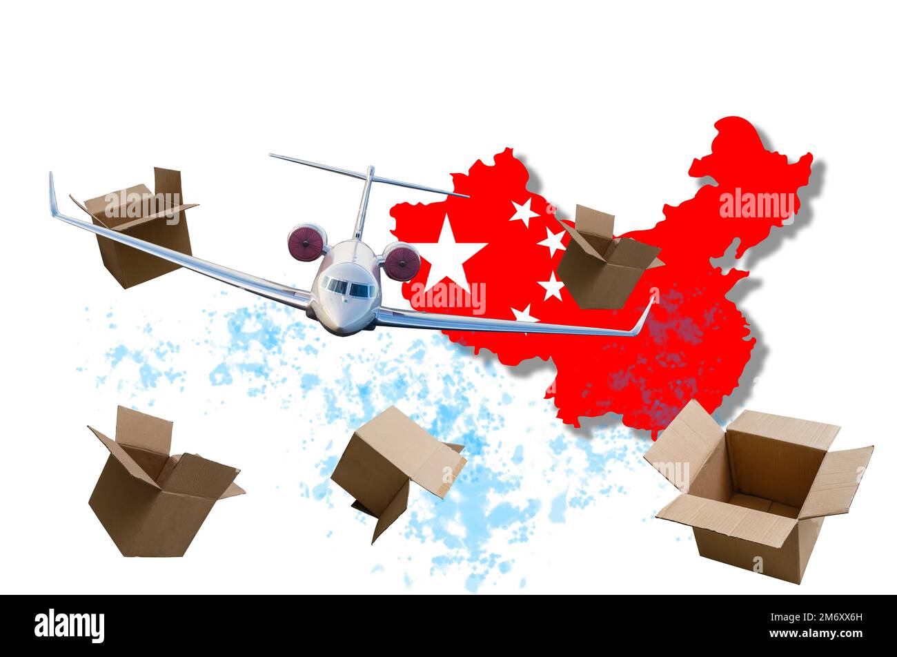 logistics concept, map of china and toy airplane with shipping boxes ...