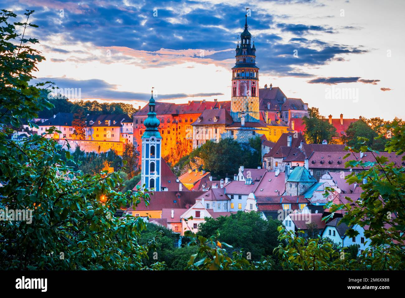 Cesky Krumlov, Czech Republic. Nigh view of historical downtown, world ...