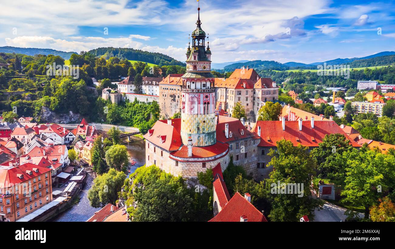 Cesky Krumlov, Czech Republic. Aerial wiew over the historical Krumlov ...