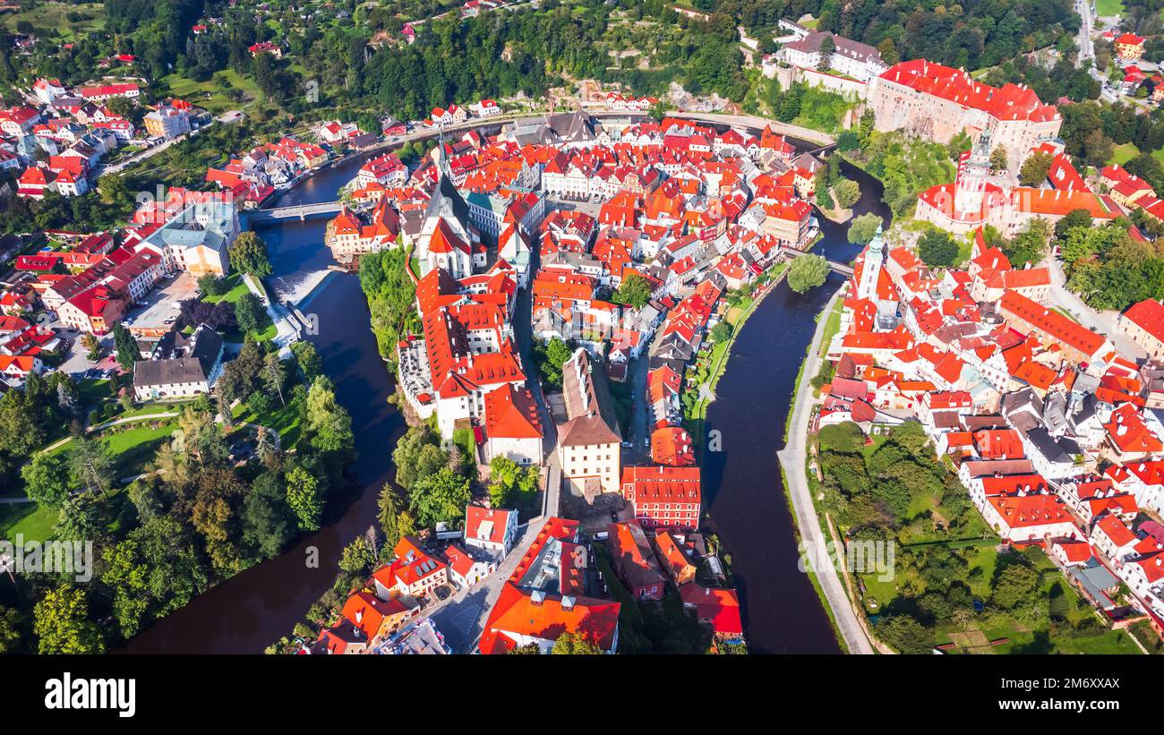 Cesky Krumlov, Czech Republic. Beautiful landscape with Vltava River and aerial view over the ...