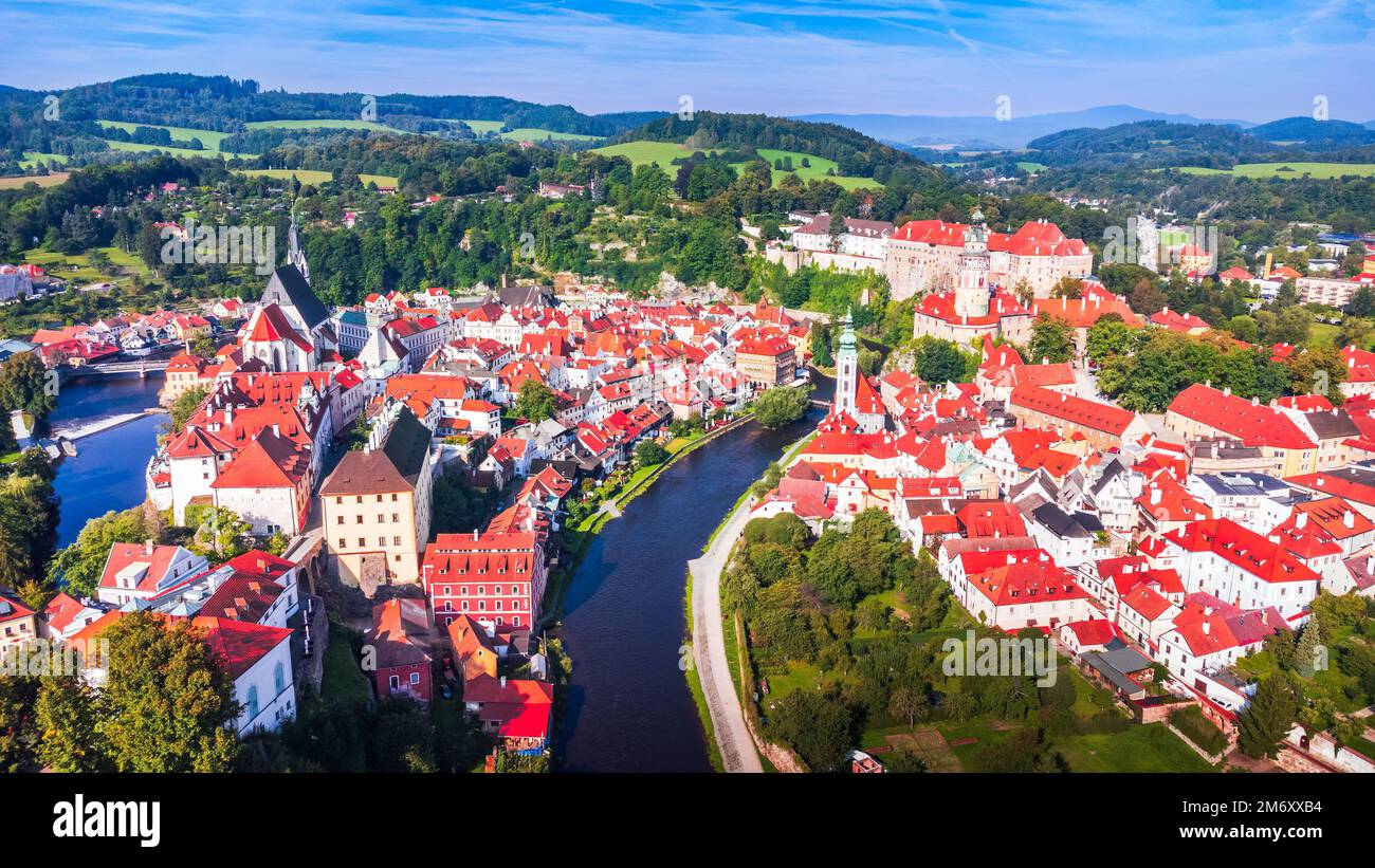 Cesky Krumlov, Czech Republic. Aerial view over Vltava River and ...
