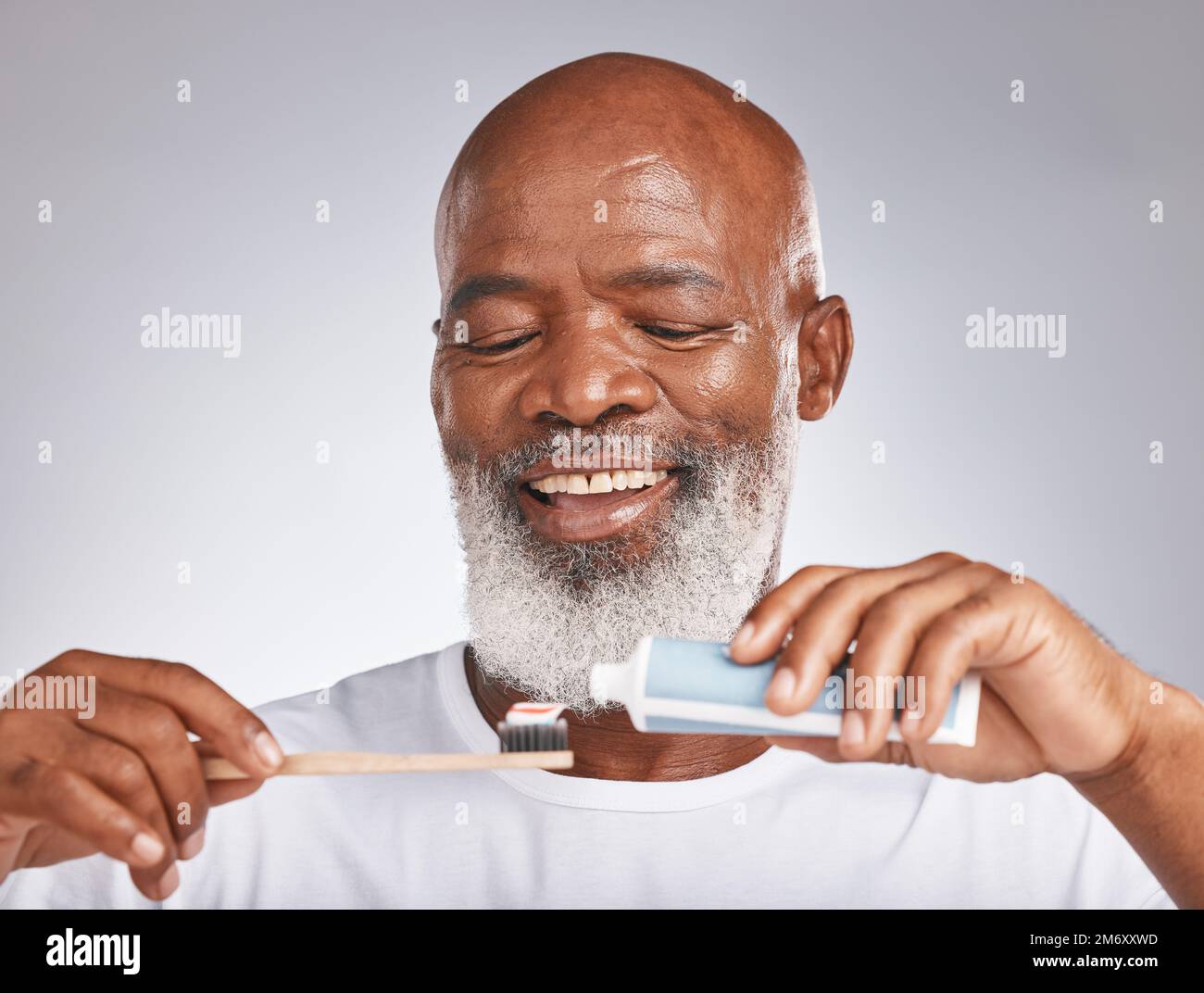 Dental, toothbrush and product with face of black man for oral hygiene, teeth cleaning and self ...