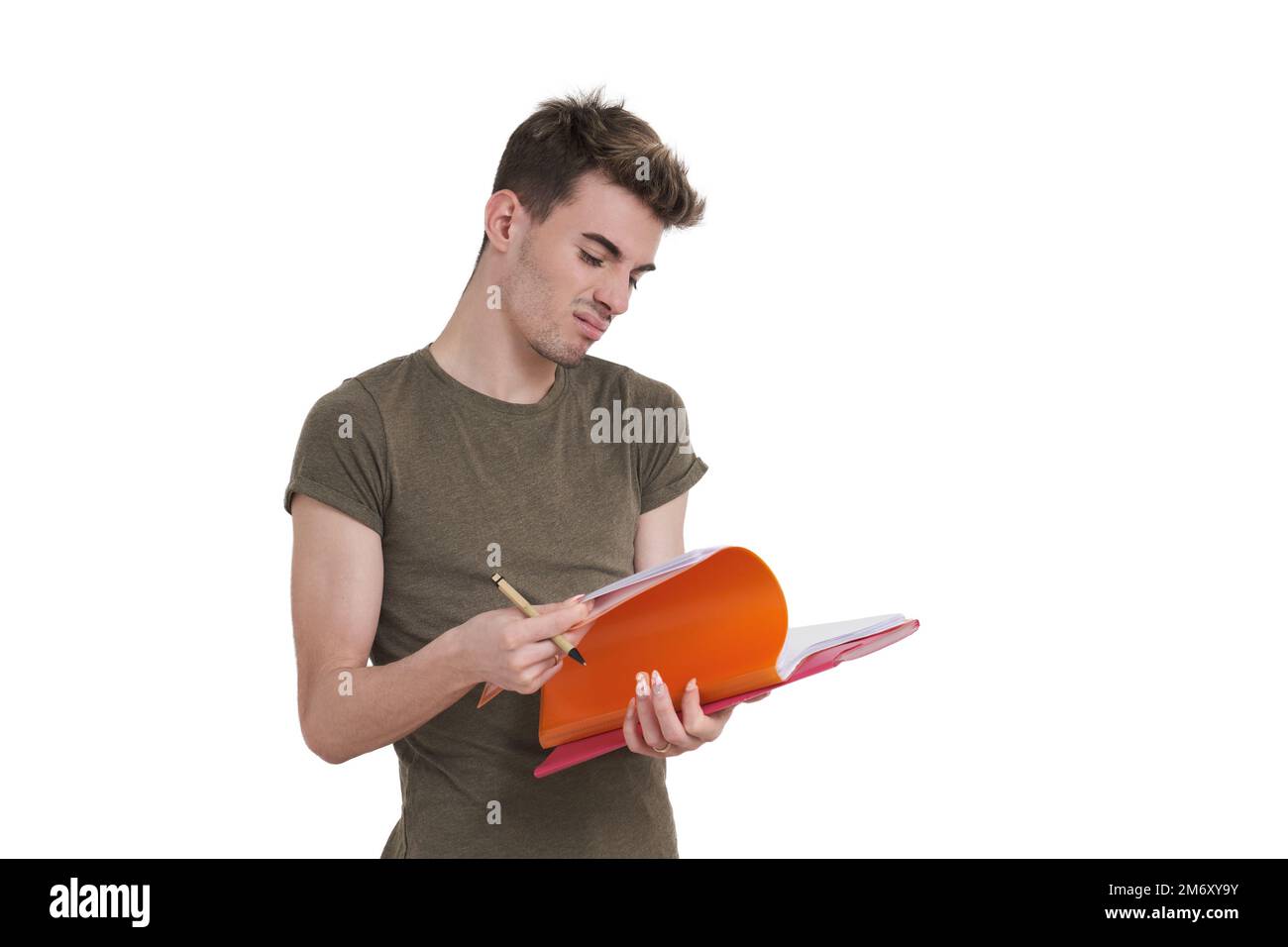 Young caucasian student bored reading notes on a folder, isolated Stock ...