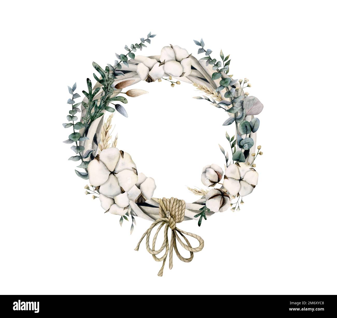 Watercolor wreath frame with green eucalyptus branches, leaves, cotton ...