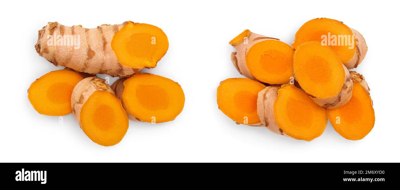 turmeric root slices isolated on white background. Top view. Flat lay ...