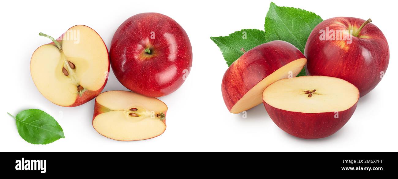 Red apple with half isolated on white background with full depth of ...