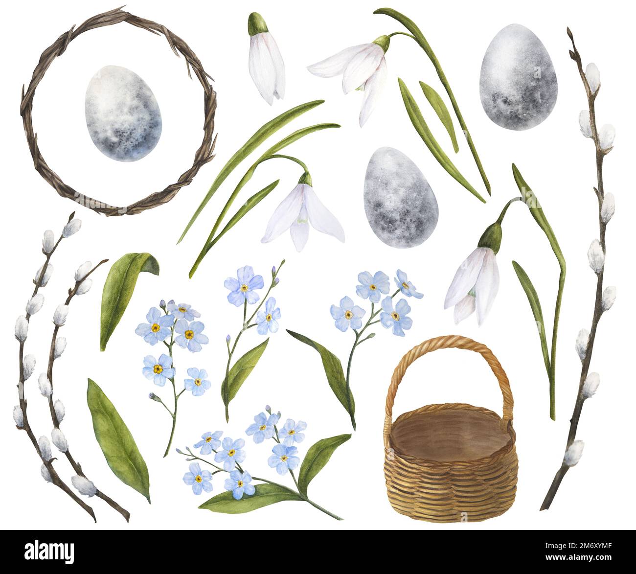 Watercolor illustration of Easter set with willow, eggs, wreath, basket ...