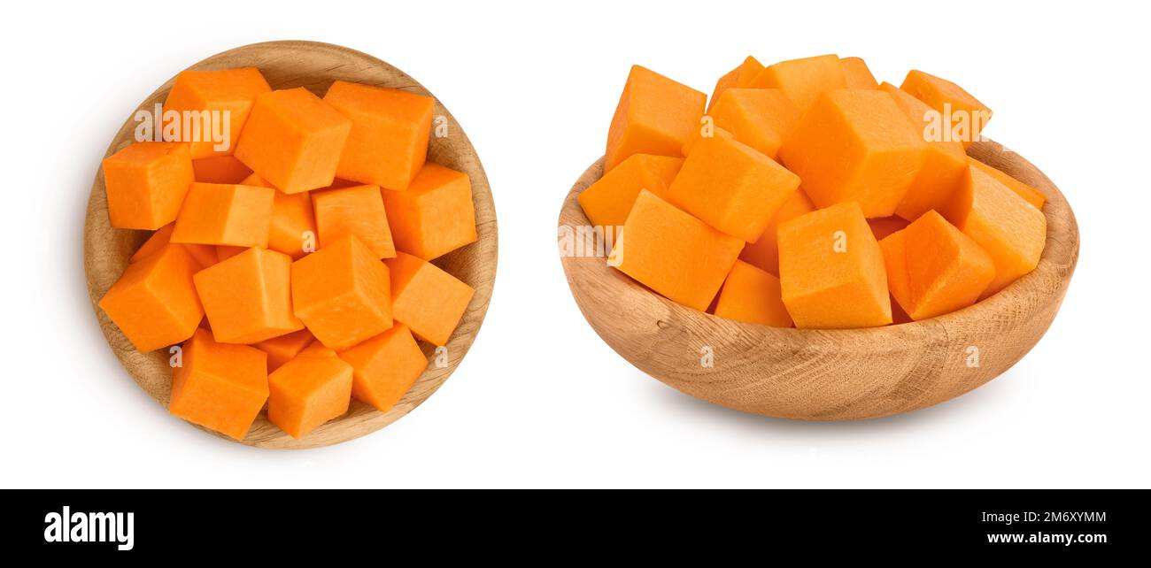 butternut squash slice in wooden bowl isolated on white background with ...