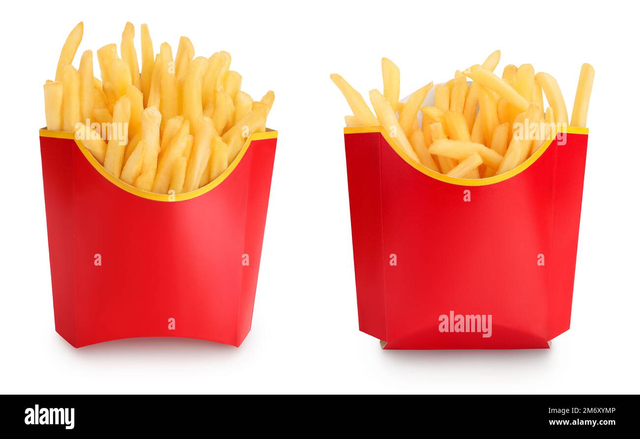 French fries or fried potatoes in a red carton box isolated on white ...