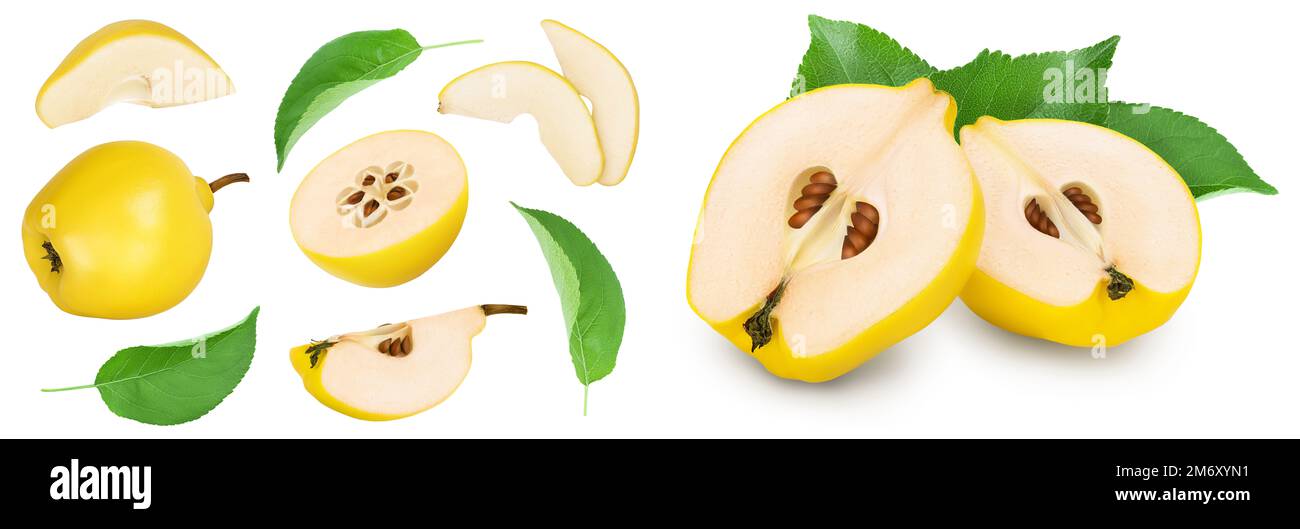 Fresh quince with half and slices isolated on the white background with ...