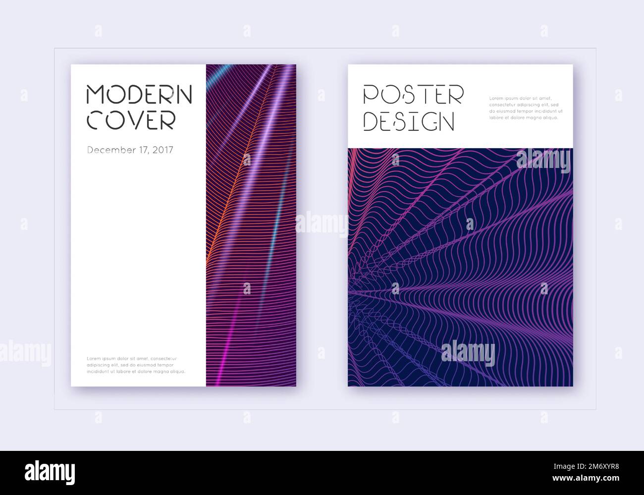 Minimal cover design template set. Violet abstract lines on dark ...