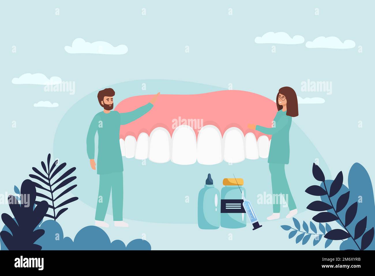 Dental clinic and healthcare concept. Woman and man dentists cartoon ...