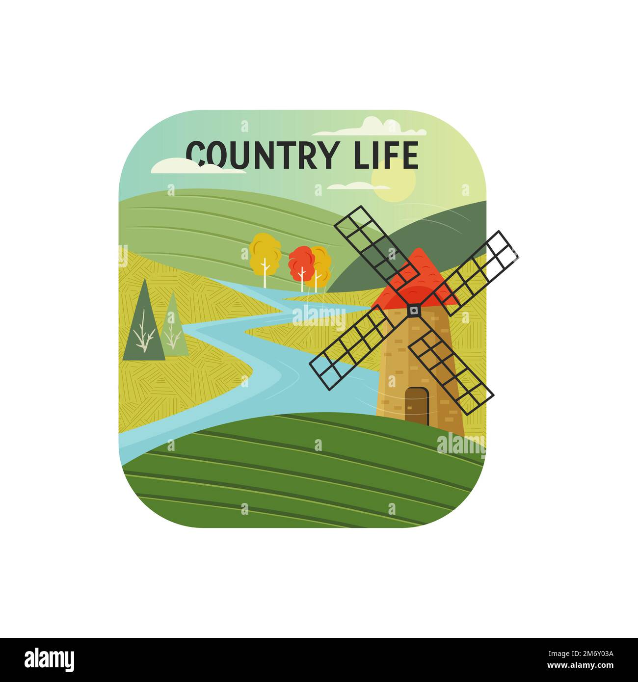 design of banner with mill in countryside Stock Photo - Alamy