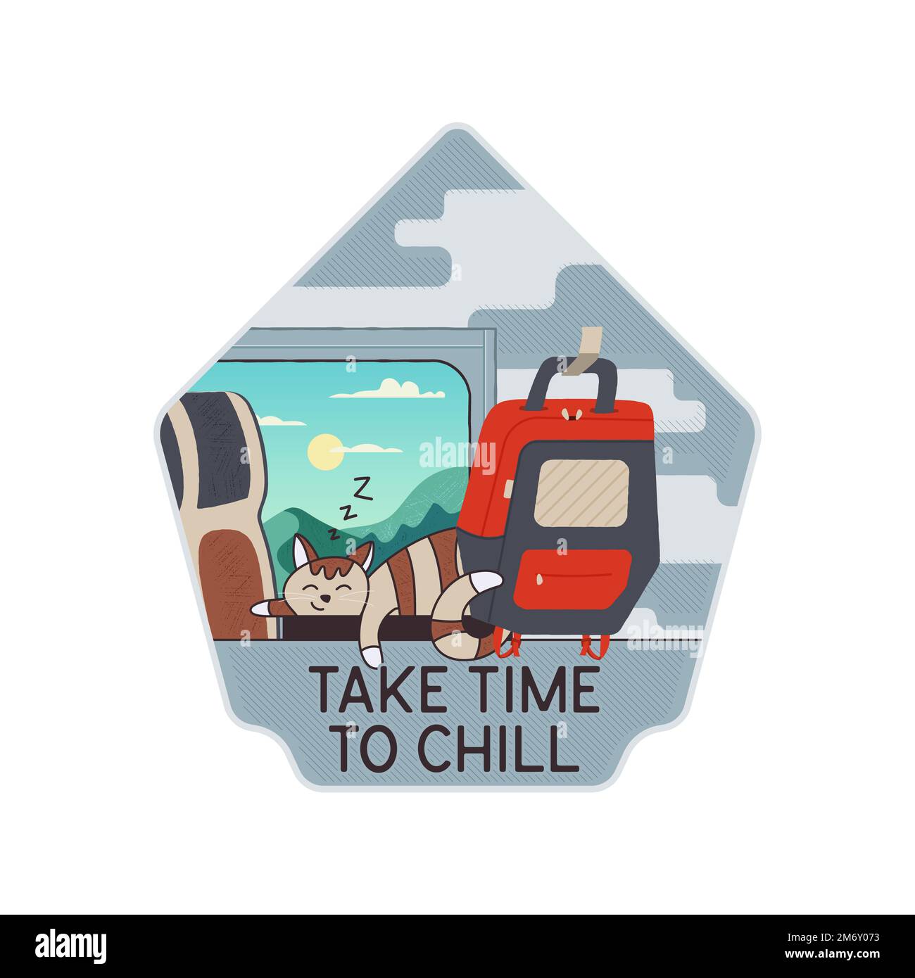 Flat style illustration of cartoon cat with suitcase napping inside ...