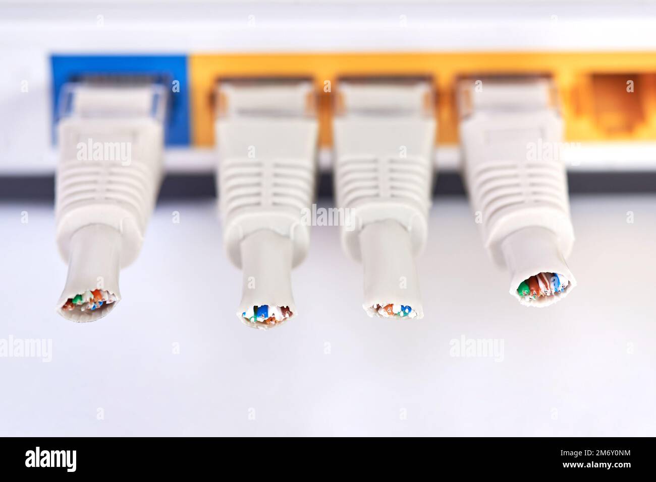 Cut Internet cables into the router, close-up Stock Photo - Alamy