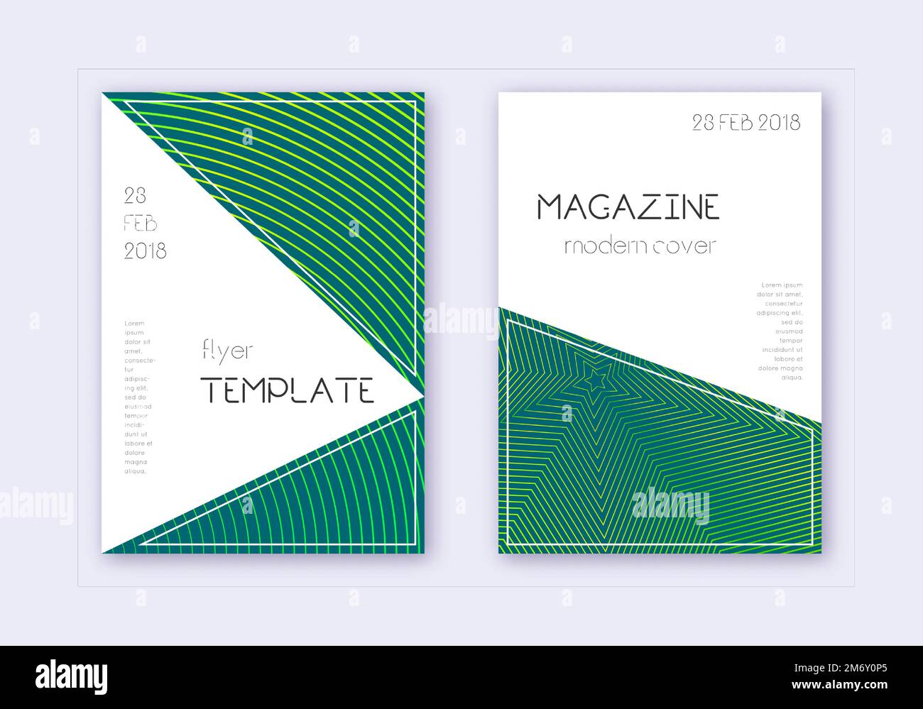 Triangle cover design template set. Green abstract lines on dark ...