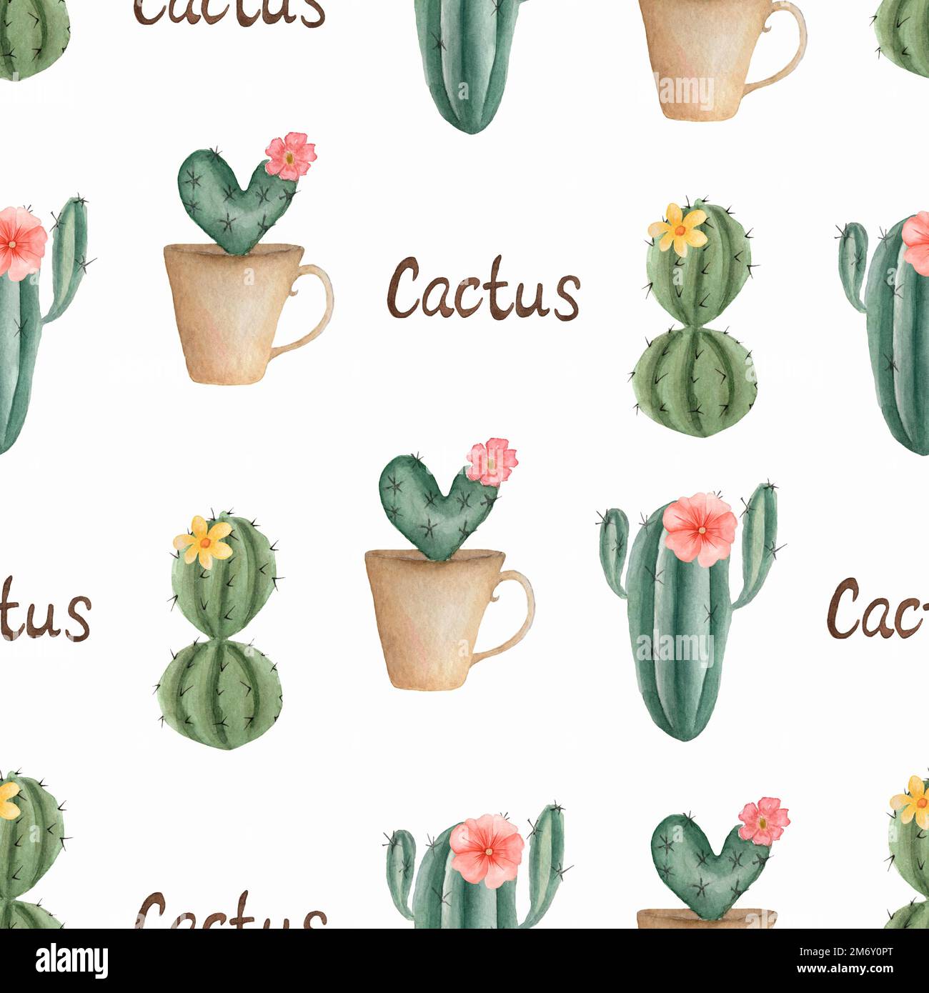 Watercolor seamless Cacti flower pattern.Hand-drawn background with ...