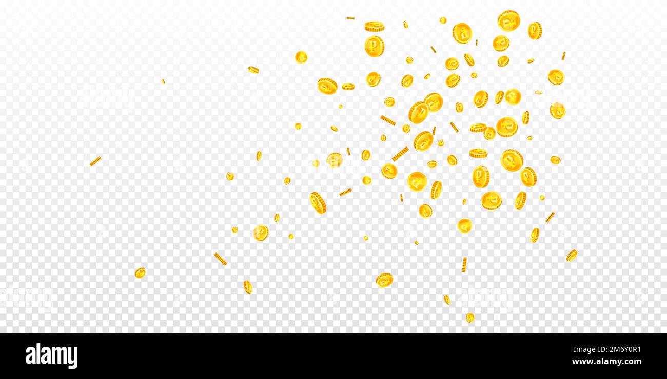 Russian ruble coins falling. Scattered gold RUB coins. Russia money ...