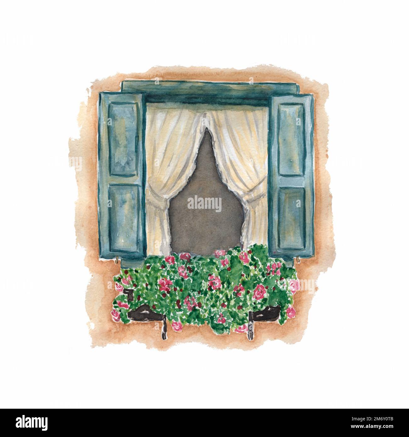 Beautiful open Window with blooming roses flowers. Watercolor hand ...
