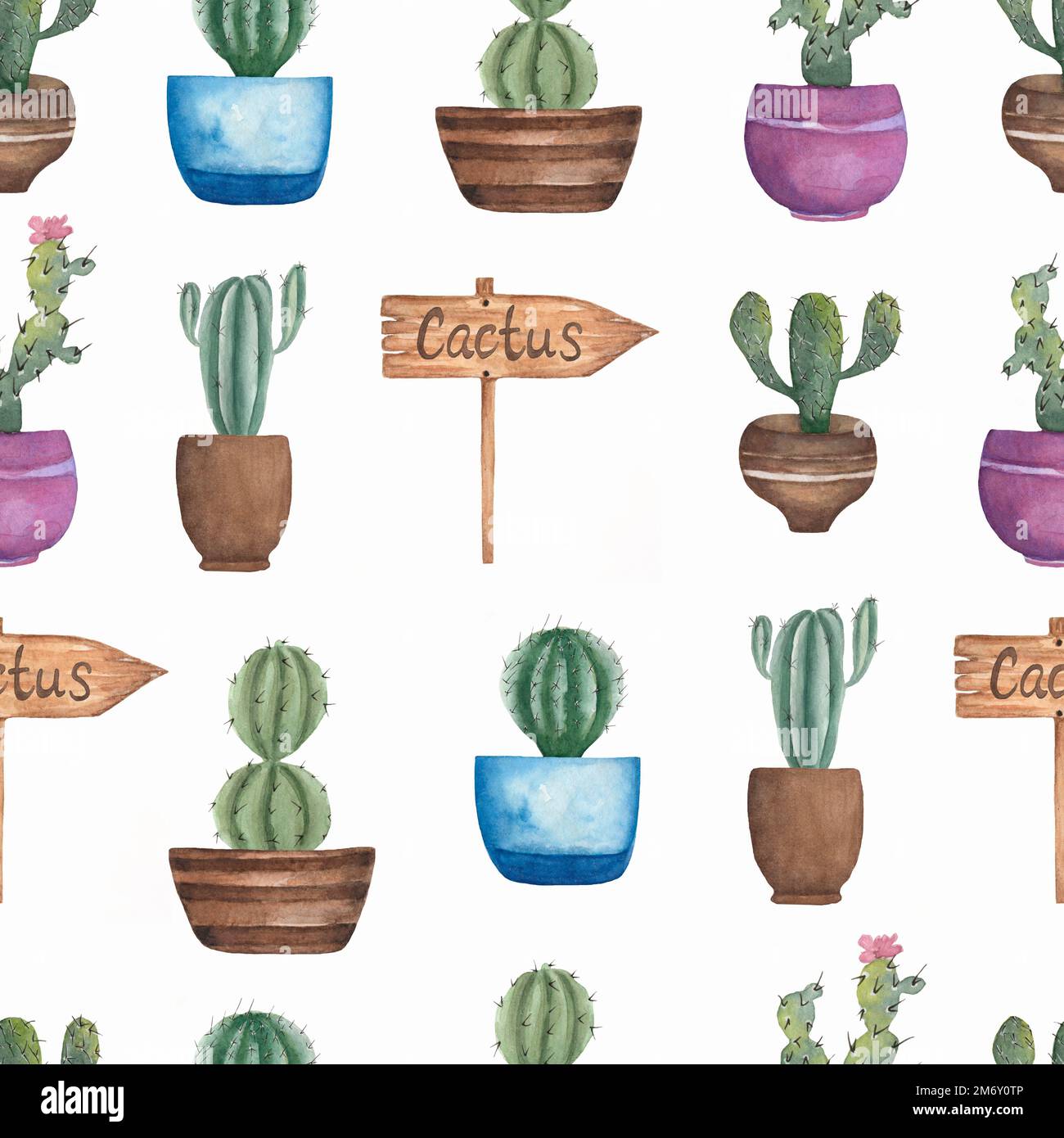 Watercolor seamless Cacti flower pattern.Hand-drawn background with ...