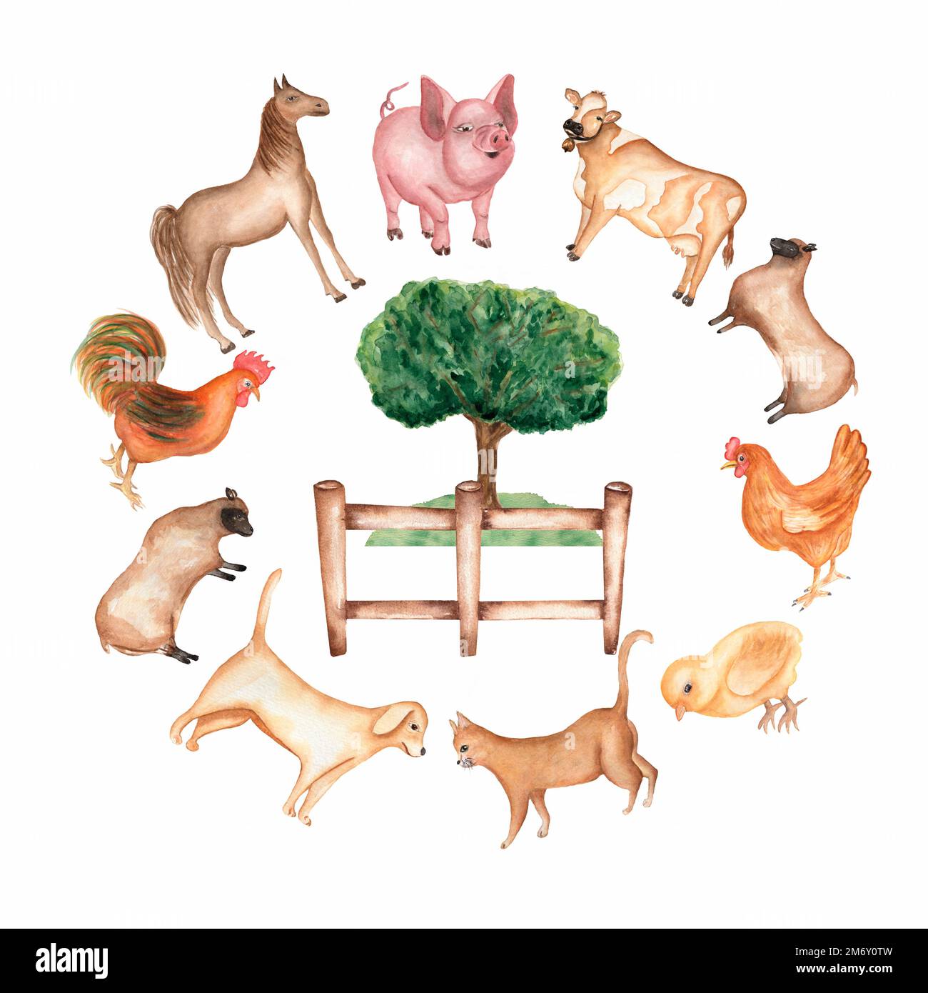 Watercolor hand drawn farm animals and objects in the round. Barn. tree ...
