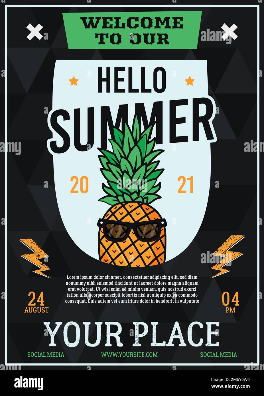 Vector placard with pineapple announcing Hello Summer event Stock ...