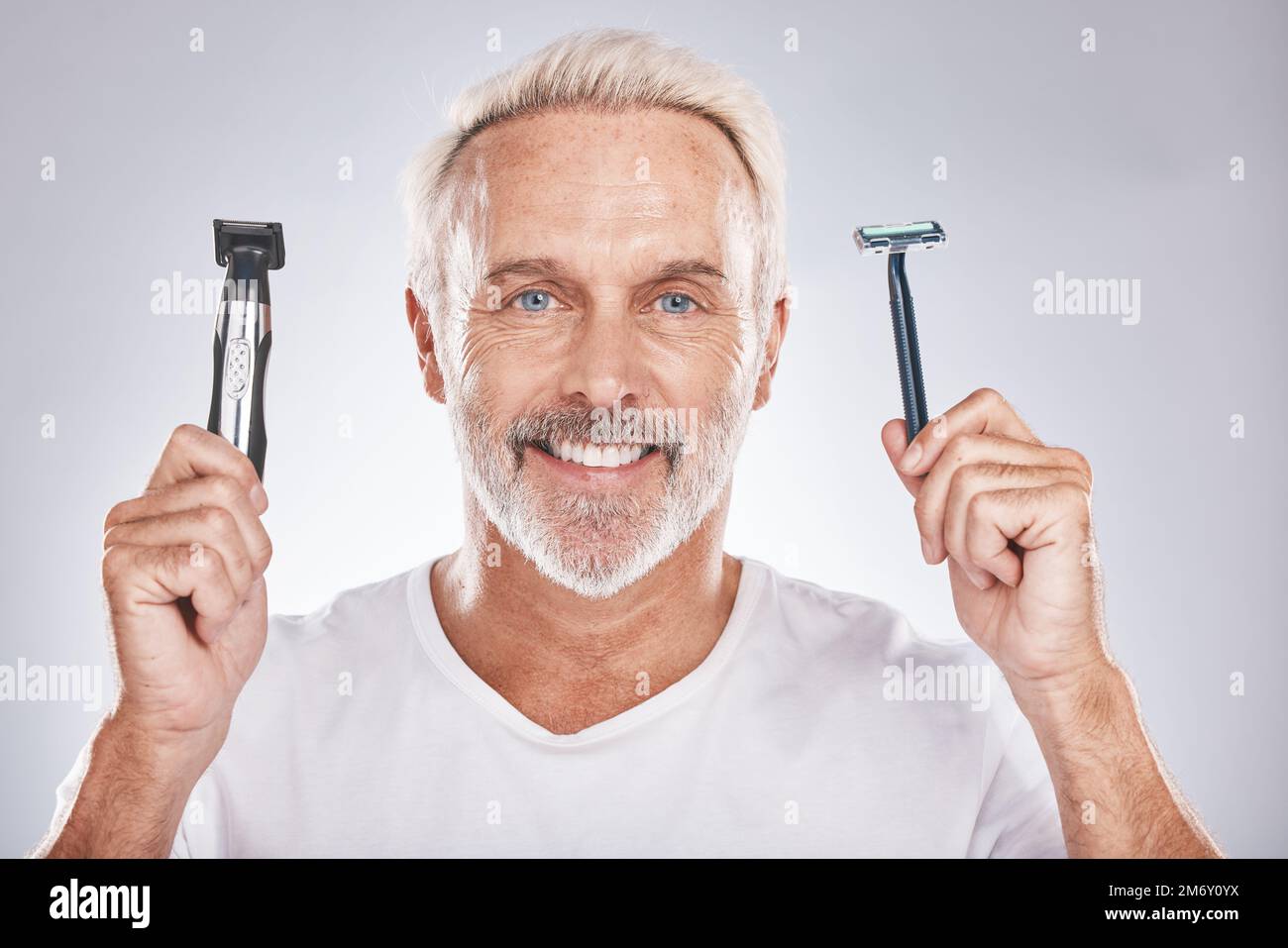 Portrait, senior man and razor for cosmetics, beauty and skincare on ...