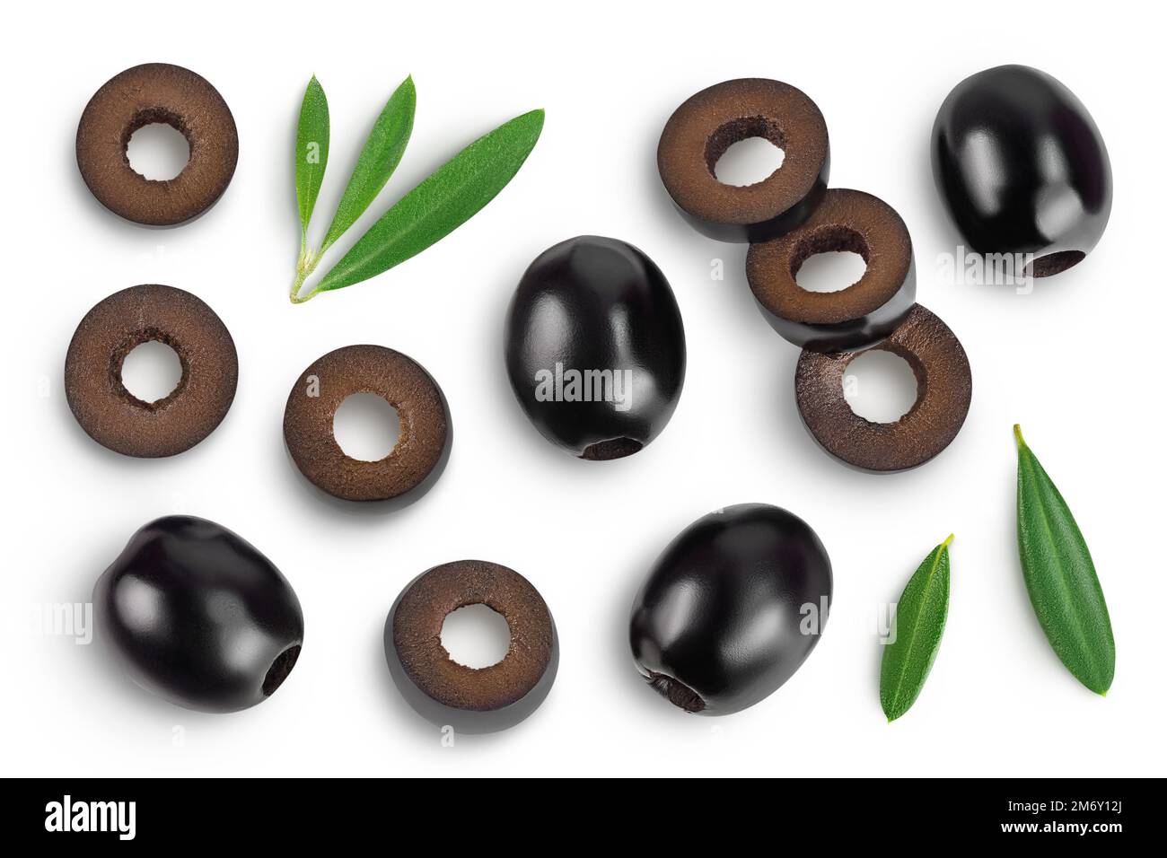 Black olives with leaves isolated on a white background with full depth ...