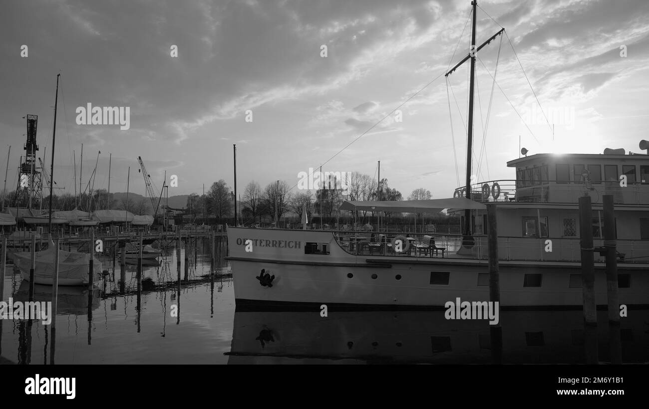 Historic ship Austria in Bregenz on Lake Constance with reflections in ...