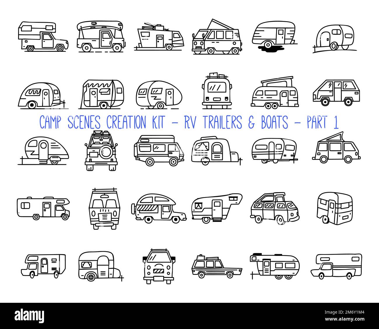 Set of linear icons of camper trailers Stock Photo - Alamy
