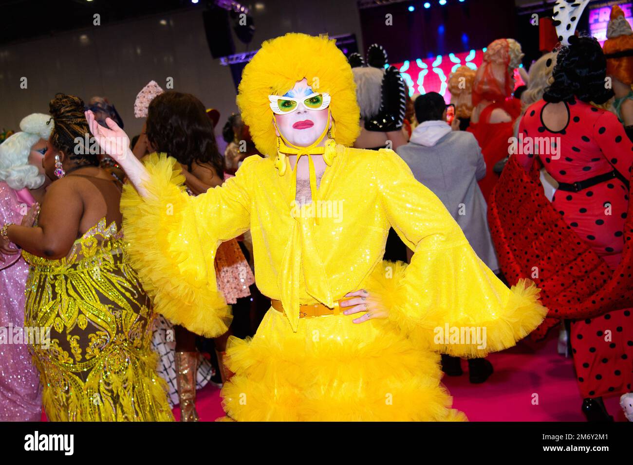 London, UK. 6 January 2023. Drag queens, including Ginny Lemon (centre ...