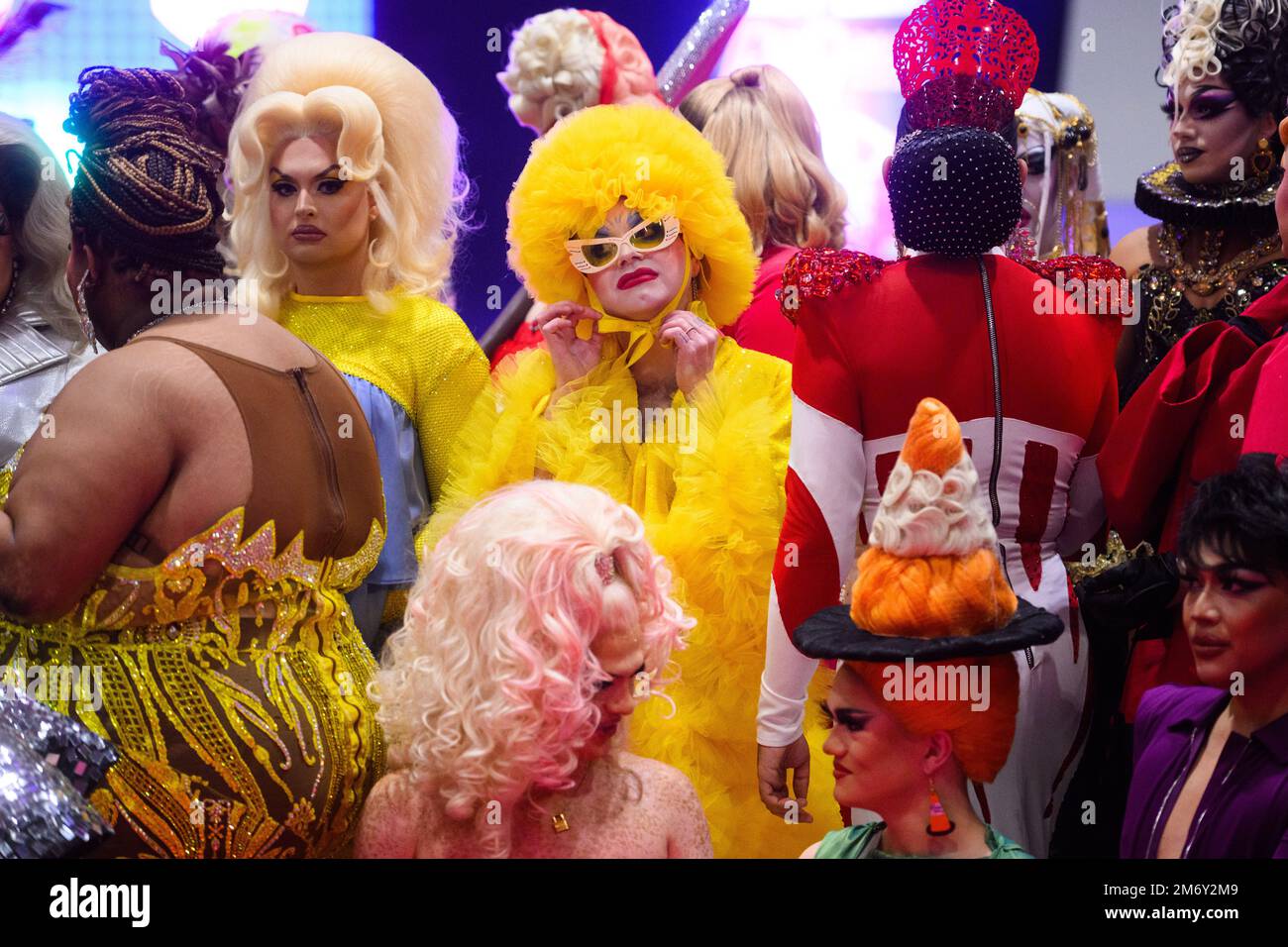 London, UK. 6 January 2023. Drag queens, including Ginny Lemon (centre ...