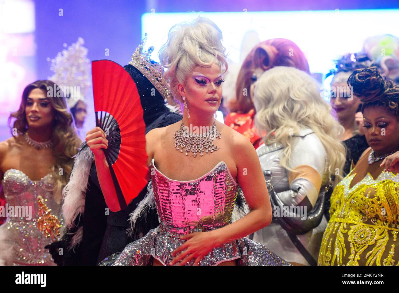 London, UK. 6 January 2023. Drag queens during a photocall for the opening of RuPaul’s DragCon ...